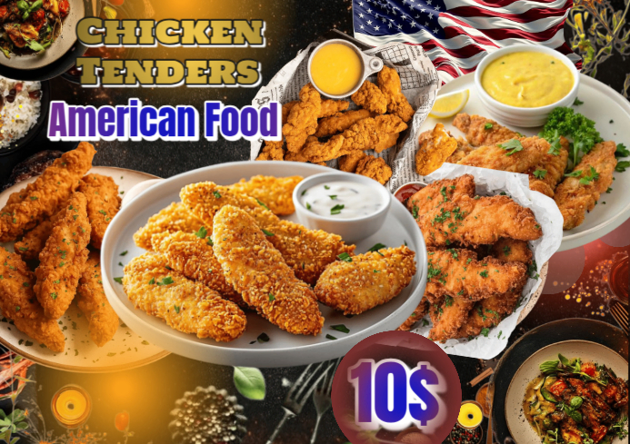 Black Abstract Chicken Tenders American Food A4 Template | PosterMyWall