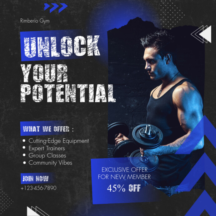 Black and Blue Bold Grunge Gym Fitness Instagram Post Template ...