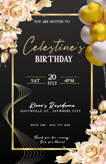Black and Gold Birthday Invitation Design Template | PosterMyWall