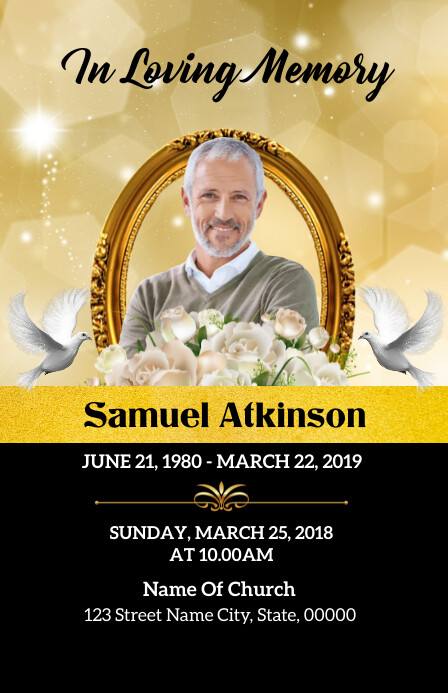 Black and Gold Funeral Announcement Card Template | PosterMyWall