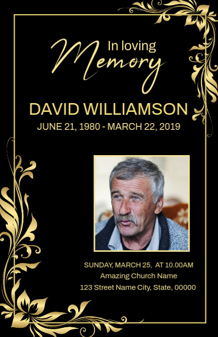 Black and Gold Funeral Announcement Card Template | PosterMyWall