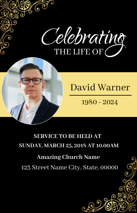 Black and Gold Funeral Announcement Card Template | PosterMyWall