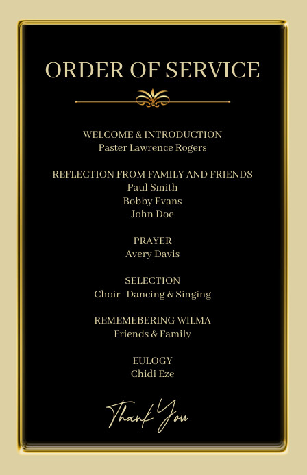 Black and gold funeral order of service Template | PosterMyWall