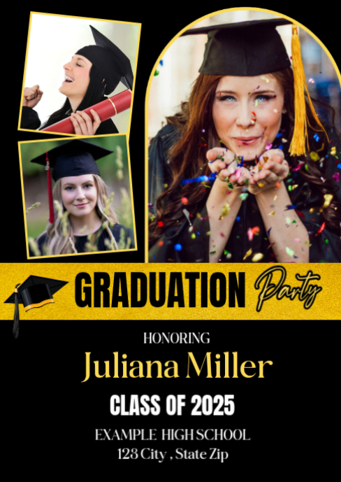 Black and Gold Graduation Announcement Card Template | PosterMyWall