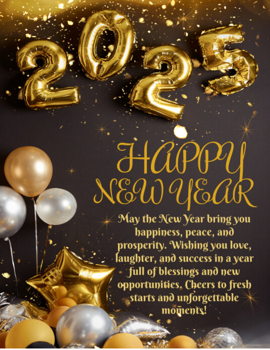 Black and Gold Illustrative Festive Happy 2025 New Year Greeting Flyer ...