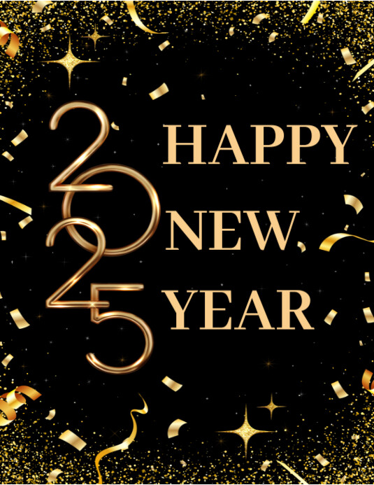 Black and Gold Illustrative Festive Happy 2025 New Year Greeting Flyer ...