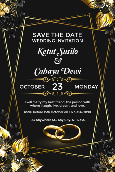 Black And Golden Joyful Wedding Invitation Poster Template | PosterMyWall