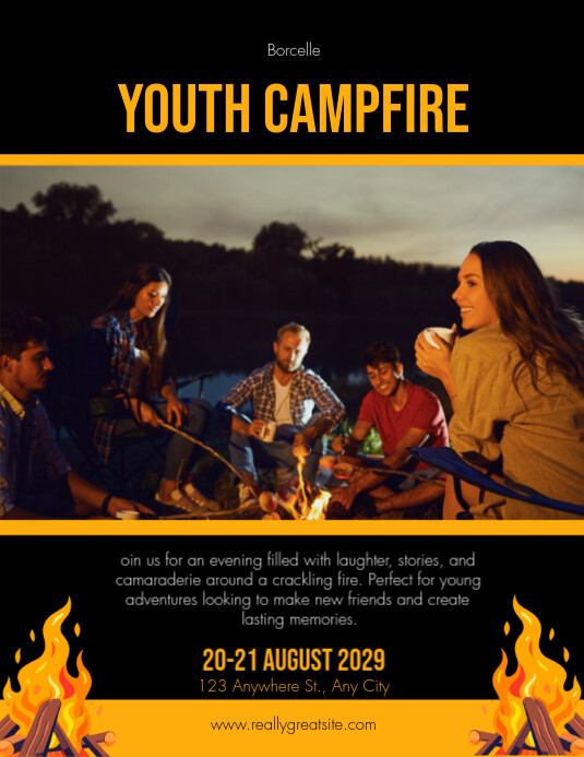 Black And Orange Modern Youth Campfire Flyer Template | PosterMyWall