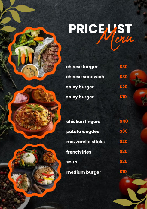 Black and Orange Price List Food Menu Template | PosterMyWall