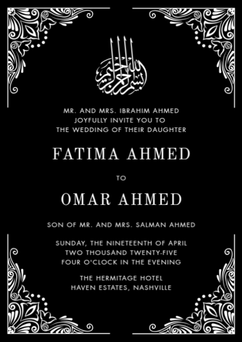 Black and White Frame Islamic Muslim Wedding Invitation Design Template ...