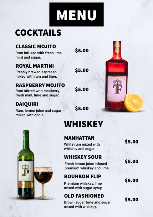 Copy of Black and White Modern Cocktail Menu A4 Temp | PosterMyWall