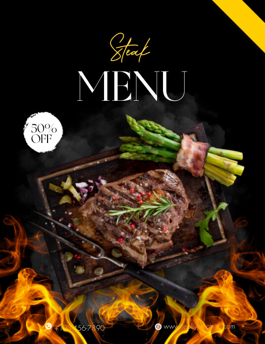 Black and White Modern Steak Menu Document Template | PosterMyWall