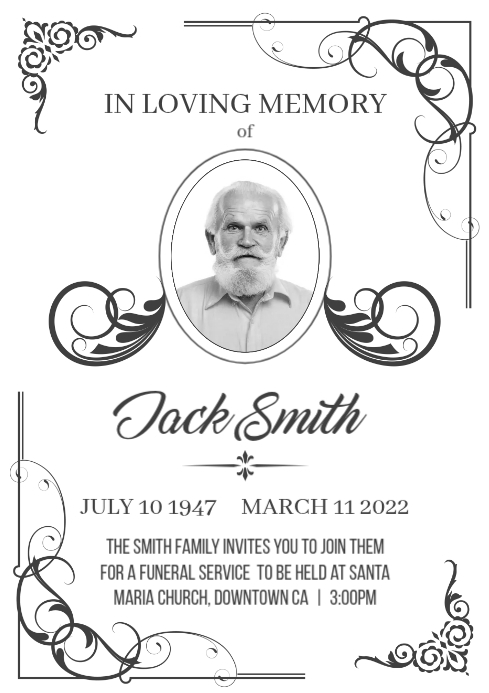 Plantilla de Black and White Printable Obituary Funeral Death ...
