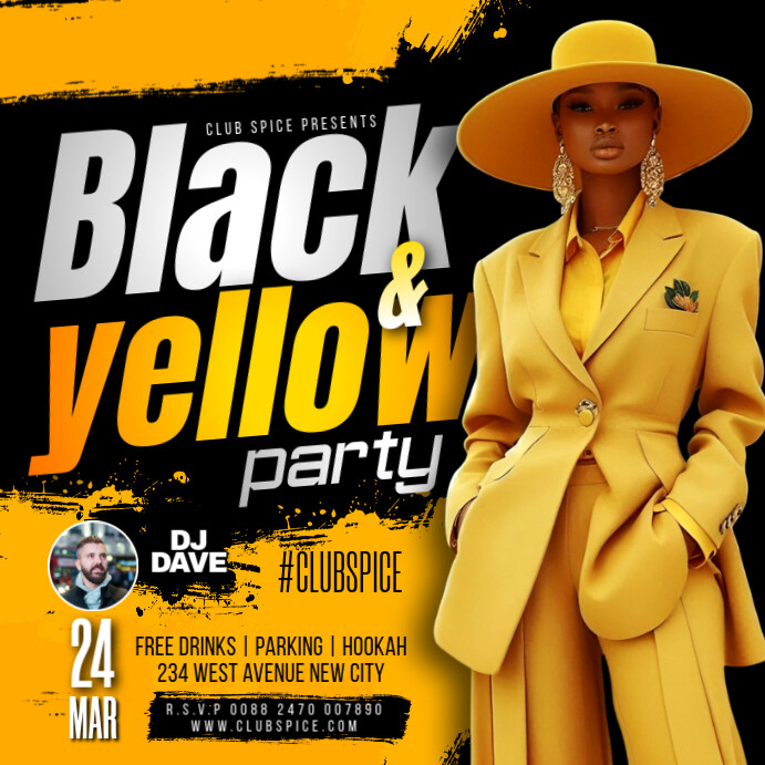 Black and yellow party club night music dj event invitation flyer ...