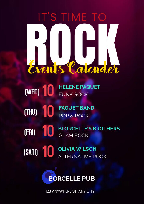 Black Berbasis Daftar Rock Events Calender A4 Template | PosterMyWall