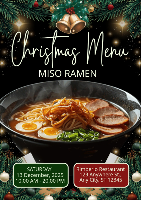 Black Ceria Christmas Menu Miso Ramen A4 Template | PosterMyWall