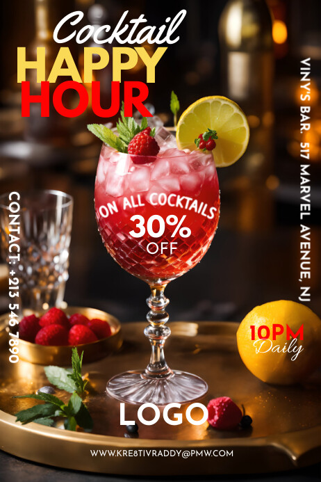 Black Cocktail Happy Hour Poster Template | PosterMyWall