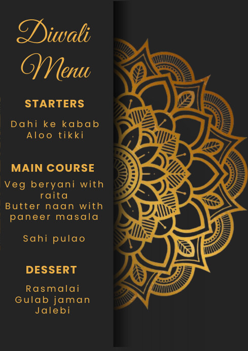 Black Diwali Menu A4 Template | PosterMyWall