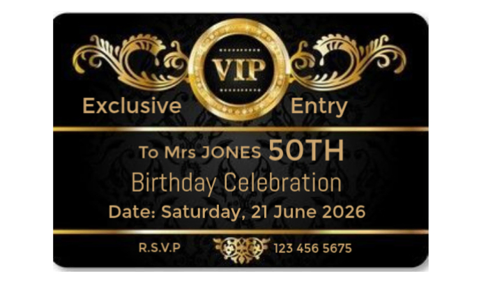 Black Editable Vip Card Birthday Invitation Tag Template | PosterMyWall