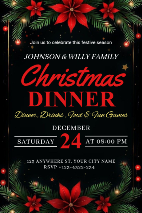 Black Floral Christmas Dinner Poster Template | PosterMyWall