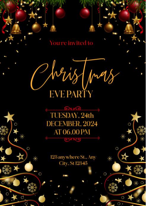 Black Floral Christmas Eve Party Invitation A6 Template | PosterMyWall