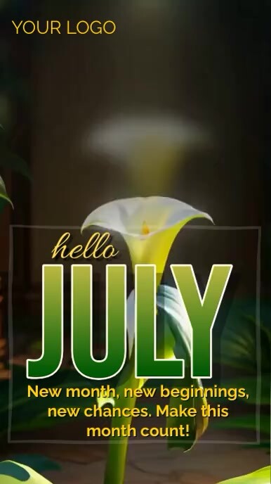 Black Floral Hello July Digital Display (9:16 Template | PosterMyWall