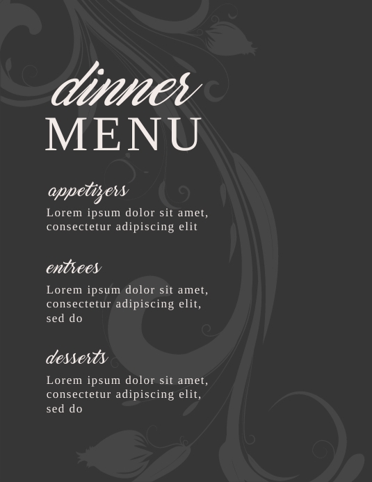 Plantilla de Black Floral Restaurant Dinner Menu Flyer | PosterMyWall