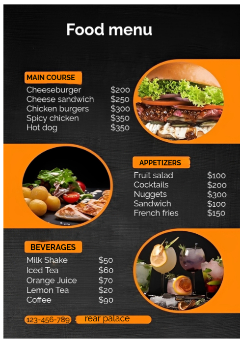 Black Food Menu A4 Template | PosterMyWall