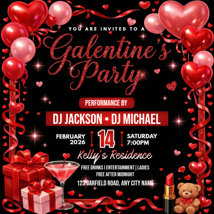 Black Galentine's Party Square Template | PosterMyWall