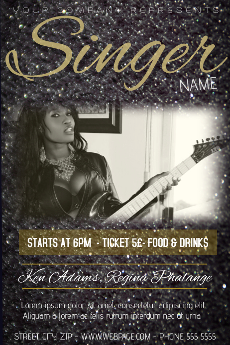 black glitter concert band or singer flyer template with single picture ...