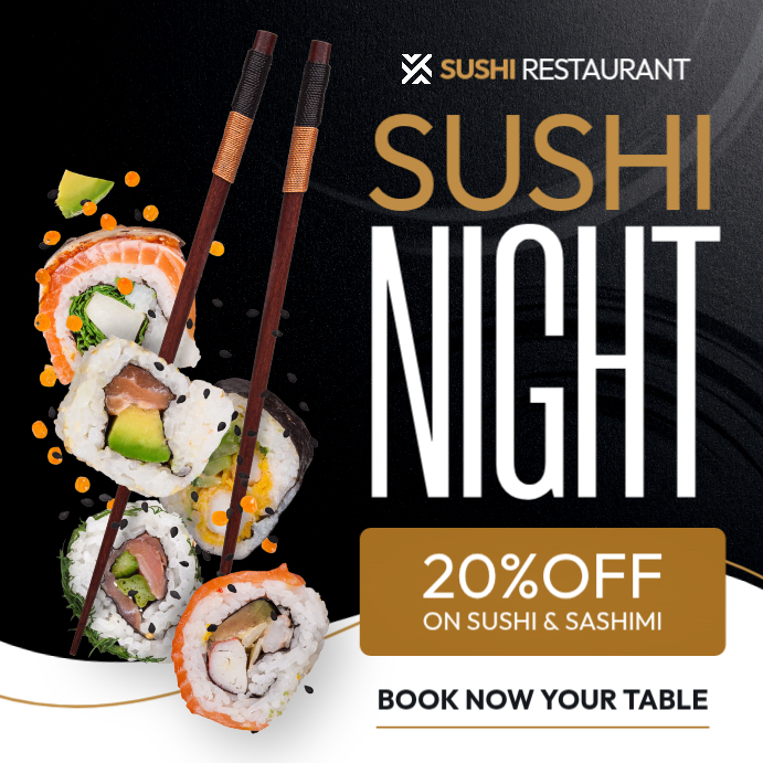 Plantilla de Black Gold and White Elegant Sushi Night Promo - 20% Off ...
