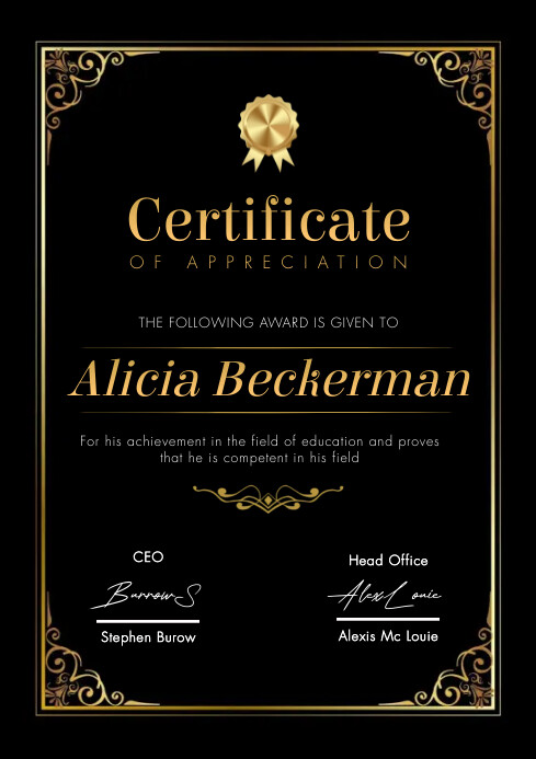 Black Gold Certificate Of Appreciation Template | PosterMyWall