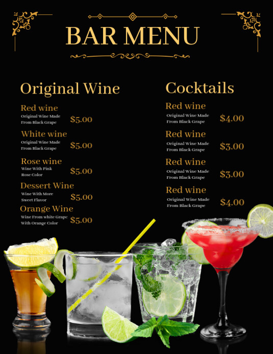 black-gold-vintage-bar-menu Template | PosterMyWall