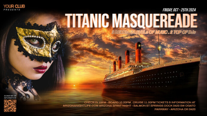 Copy of Black Gradient Titanic Masquereade Halloween Party Youtube Thumbnail | PosterMyWall