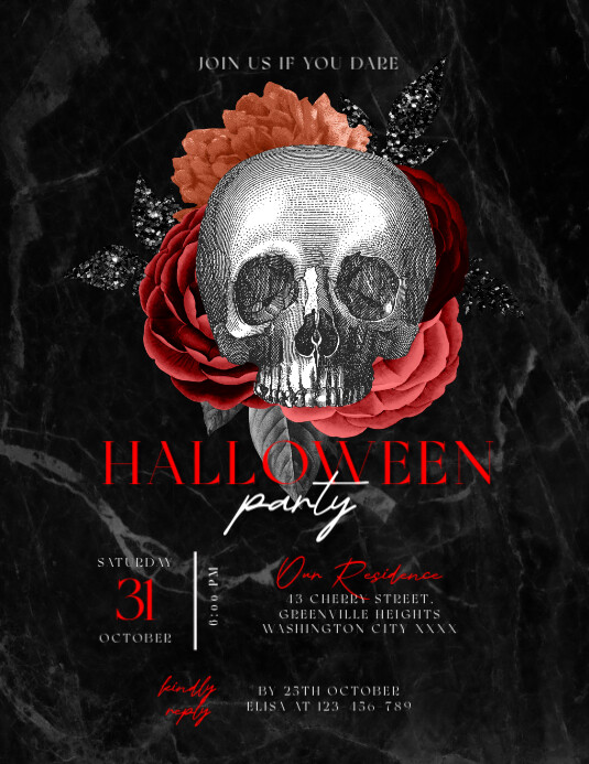 Black Grunge Gothic Flowers Skull Invitation Flyer (us Letter) Template ...
