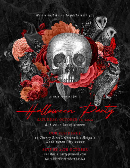 Black Grunge Gothic Flowers Skull Invitation Flyer (us Letter) Template ...