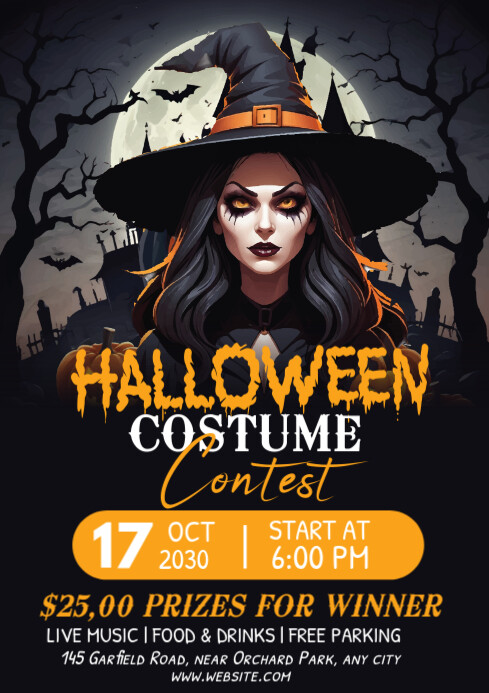 Black Halloween Costume Contest Flyer Template A4 | PosterMyWall
