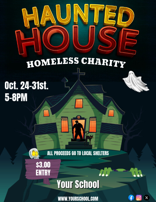 Plantilla de Black Halloween Haunted House Ad Flyer Flyer (us Letter ...