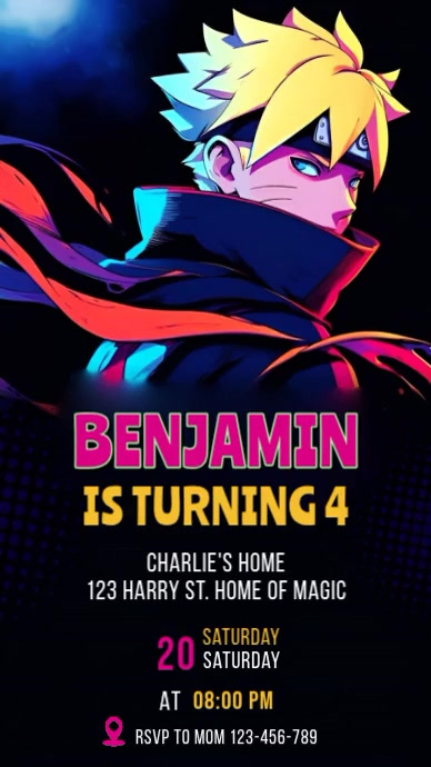 Plantilla de Black illustrative anime birthday invitation digital ...