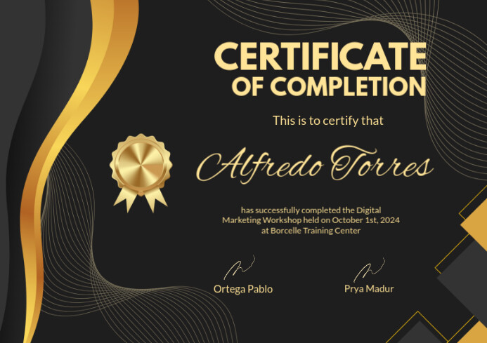 Black Illustrative Certificate Of Completion A4 Template | PosterMyWall