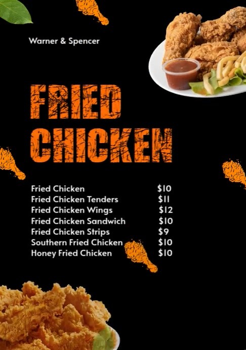 Black Illustrative Fried Chicken Menu A4 Template | PosterMyWall