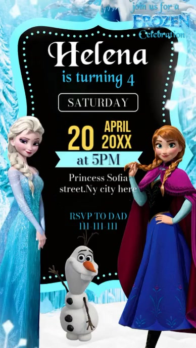 Black Illustrative Frozen Birthday Party Digital Display Video Template ...