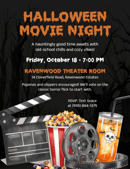 Black Illustrative Halloween Movie Night Flyer (us Letter) Template ...