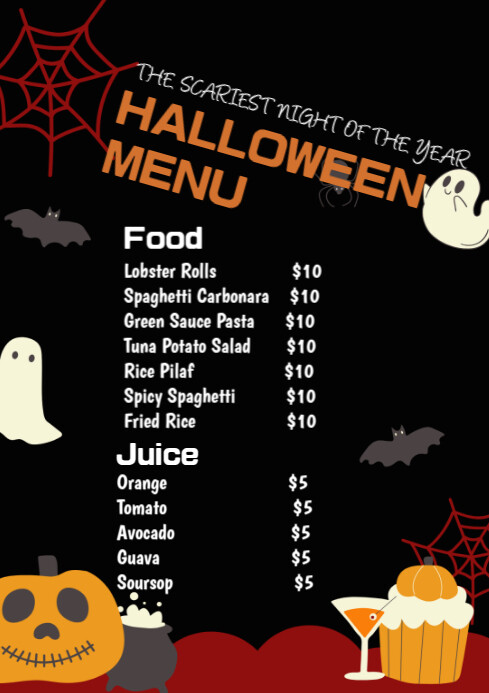 Black Illustrative Halloween-themed Menu Design With Orange And Black ...