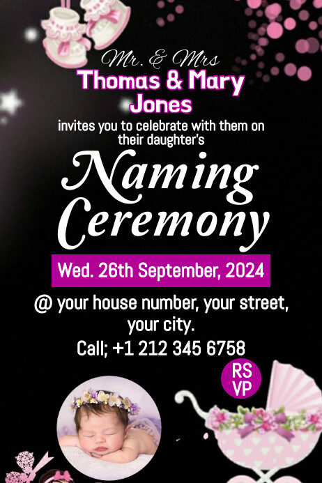 Black Illustrative Naming Ceremony Invitation Template | PosterMyWall
