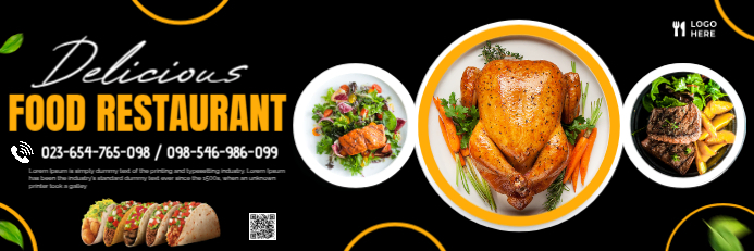 Black Illustrative Restaurant Food Banner Template Banner 2' × 6 ...
