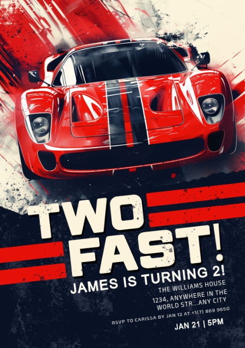 Black Illustrative Two Fast Race Car 2nd Birthday Party Invitation ...