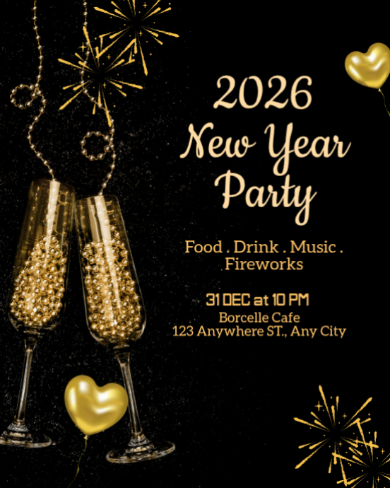 Plantilla de Black Joyful 2026 New Year Party Invitation Template ...
