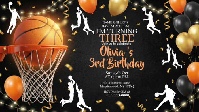 Black Joyful Basketball Birthday Invitation Digital Display (16:9 ...