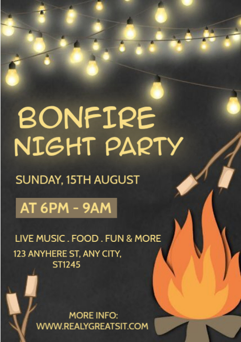 Black Joyful Bonfire Night Party A4 Template | PosterMyWall